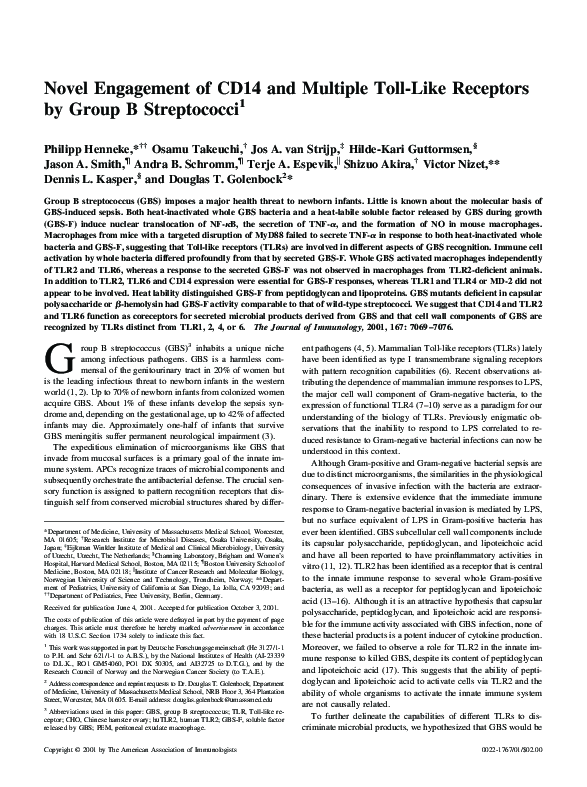 (PDF) CD14 and TLRs' Role in Group B Streptococci Recognition