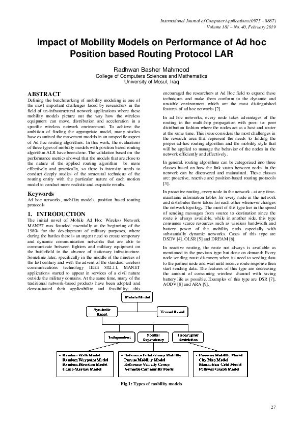 Pdf Impact Of Mobility Models On Performance Of Ad Hoc Position Based Routing Protocol Lar
