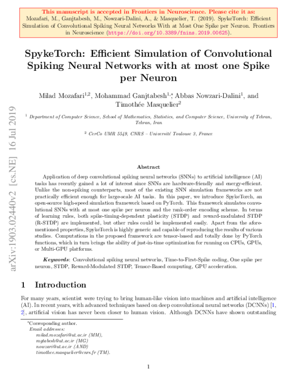 (PDF) SpykeTorch: Efficient Simulation of Convolutional Spiking Neural Networks With at Most One ...