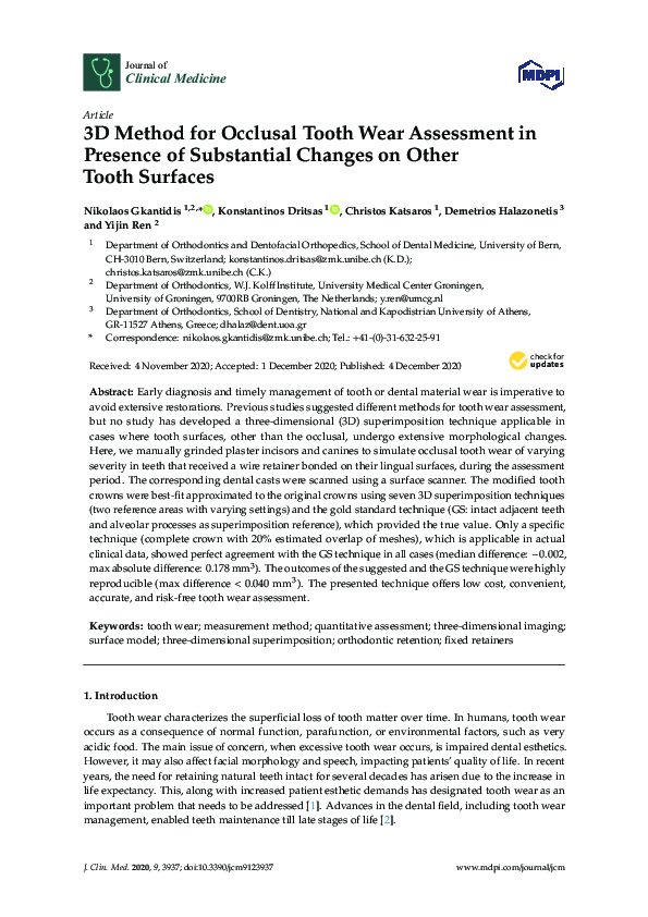 (PDF) 3D Method for Occlusal Tooth Wear Assessment in Presence of ...