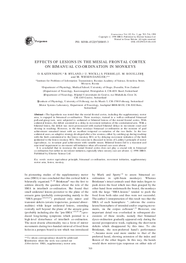 (PDF) Effects of lesions in the mesial frontal cortex on bimanual co ...