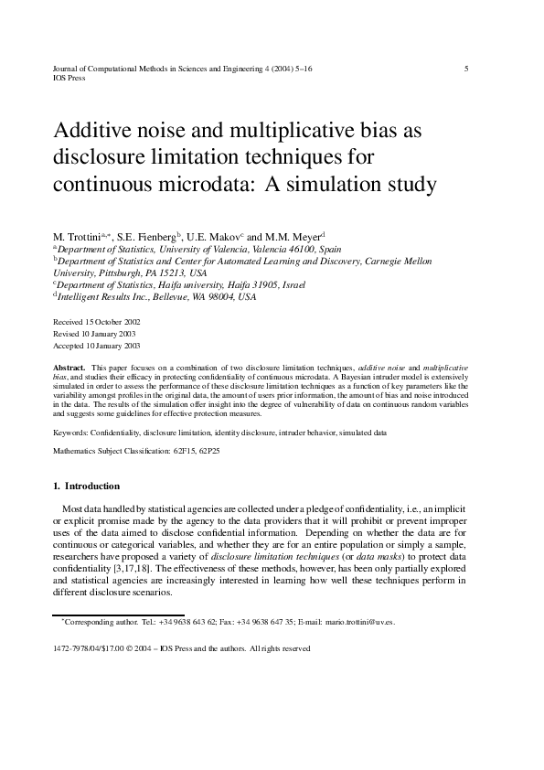 (PDF) Additive noise and multiplicative bias as disclosure limitation techniques for continuous ...