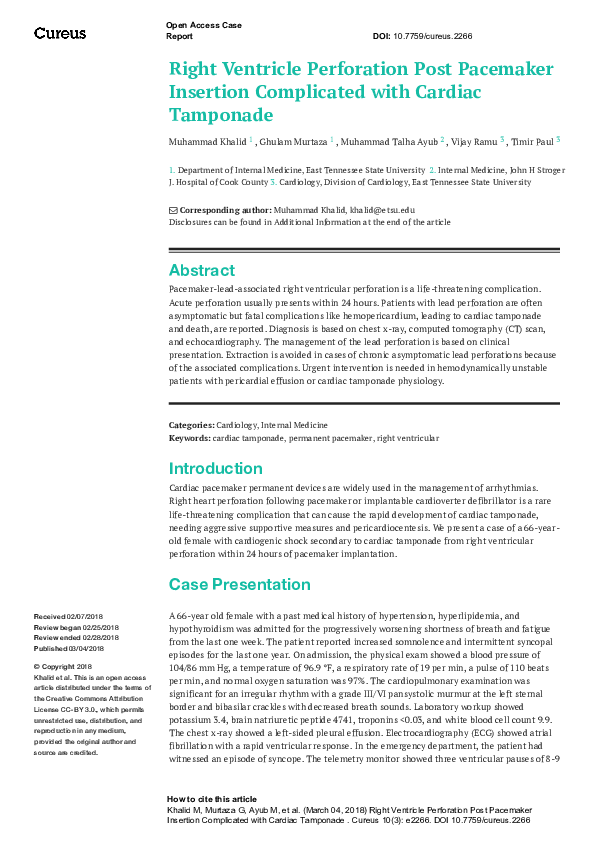 (PDF) Right Ventricle Perforation Post Pacemaker Insertion Complicated ...
