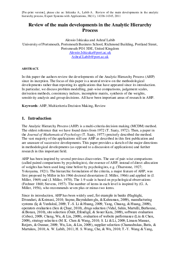 (PDF) Review of the main developments of the Analytic Hierarchy Process