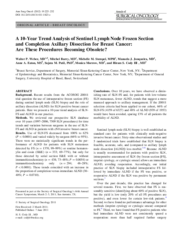 Pdf A 10 Year Trend Analysis Of Sentinel Lymph Node Frozen Section And Completion Axillary