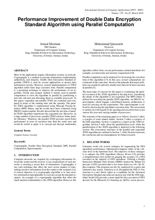 Pdf Performance Improvement Of Double Data Encryption Standard Algorithm Using Parallel