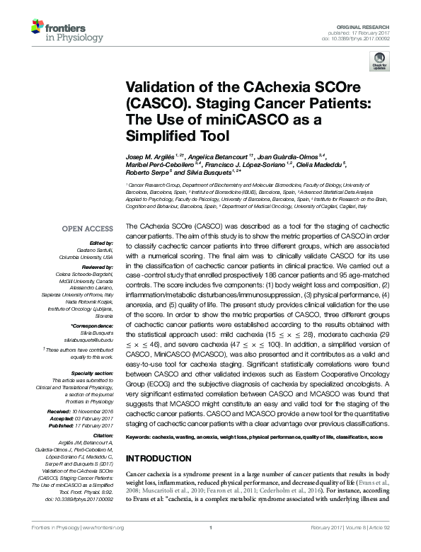 (PDF) Validation of the CAchexia SCOre (CASCO). Staging Cancer Patients ...