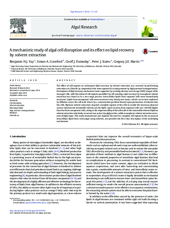 (PDF) A mechanistic study of algal cell disruption and its effect on ...