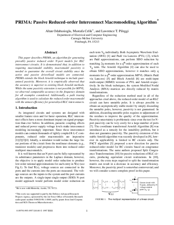 (PDF) PRIMA: Passive Reduced-Order Interconnect Macromodeling Algorithm