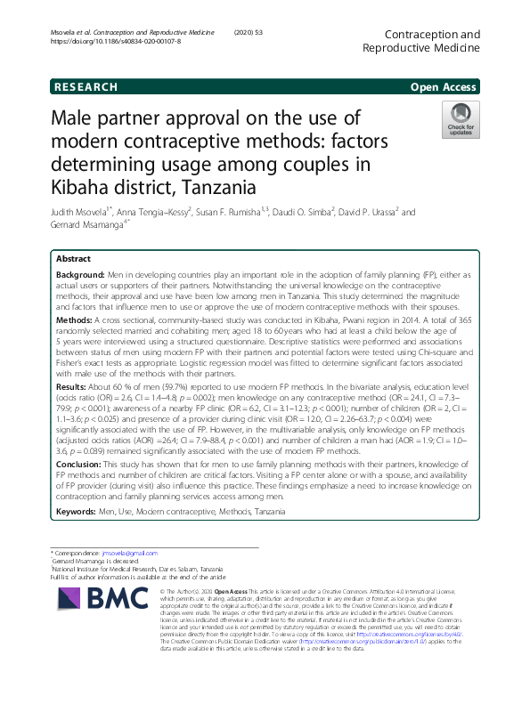 Pdf Male Partner Approval On The Use Of Modern Contraceptive Methods
