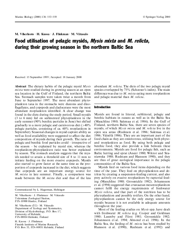 (PDF) Food utilisation of pelagic mysids, Mysis mixta and M. relicta ...