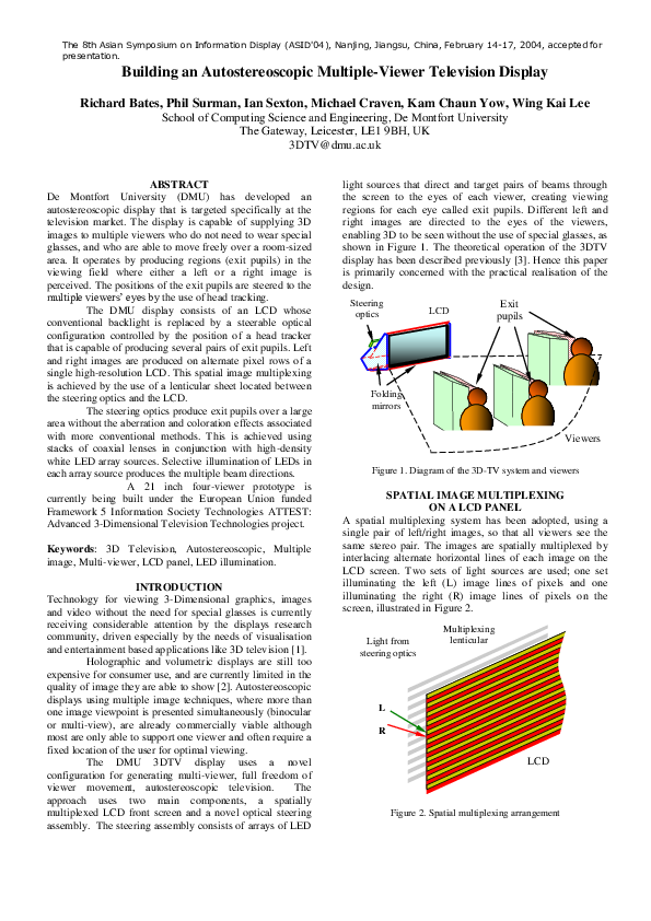 (PDF) Building an Autostereoscopic Multiple-Viewer Television Display