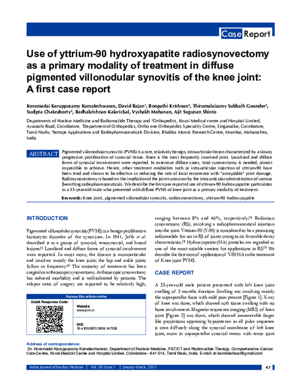 (PDF) Use of yttrium-90 hydroxyapatite radiosynovectomy as a primary modality of treatment in ...