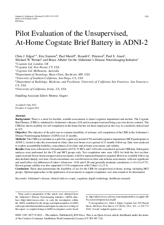 (PDF) Pilot Evaluation of the Unsupervised, At-Home Cogstate Brief ...