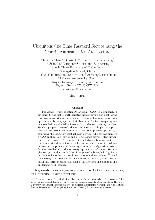 (PDF) Ubiquitous OTP via Generic Authentication Architecture