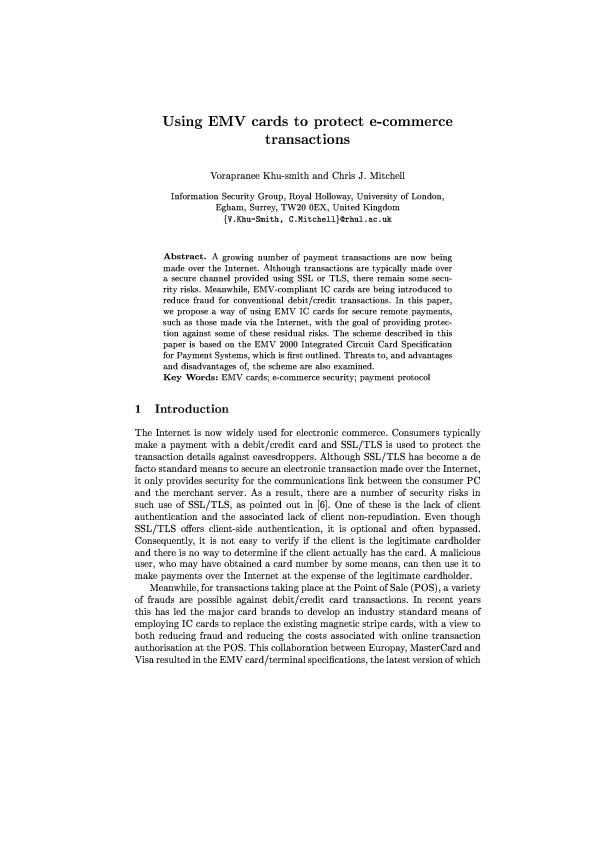 (PDF) Using EMV Cards to Protect E-commerce Transactions