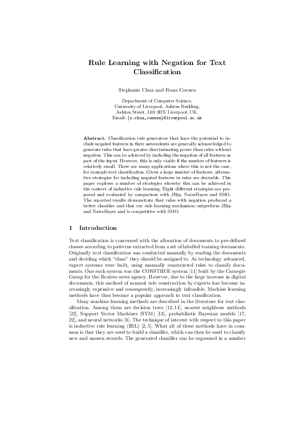 (PDF) Rule Learning with Negation for Text Classification