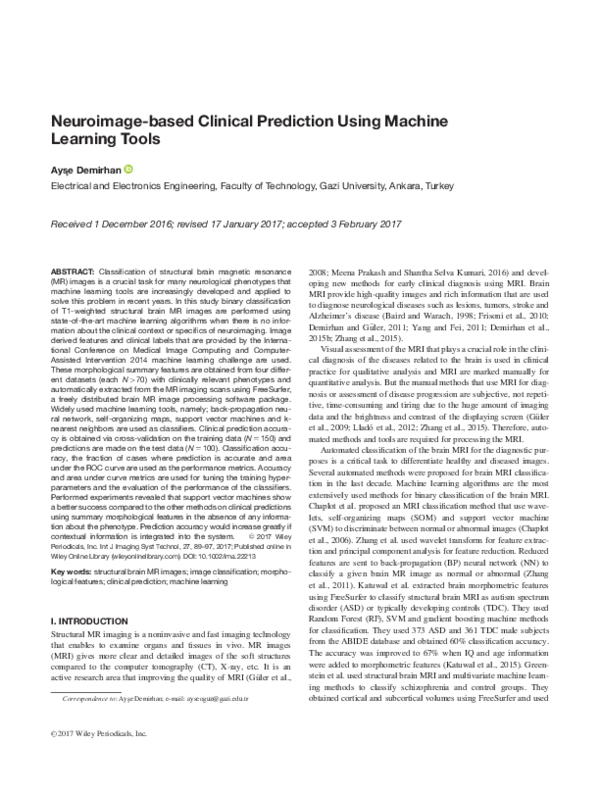 (PDF) Machine Learning for Neuroimaging Prediction