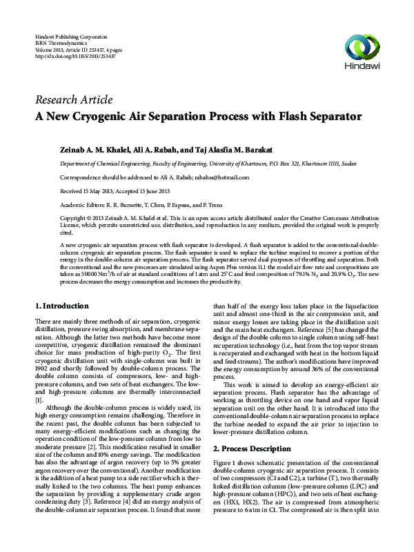 (PDF) A New Cryogenic Air Separation Process with Flash Separator