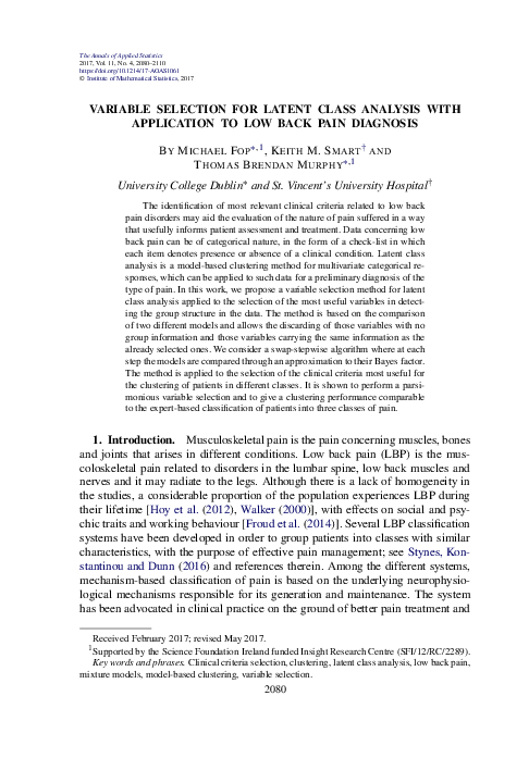 (PDF) Variable selection for latent class analysis with application to low back pain diagnosis ...