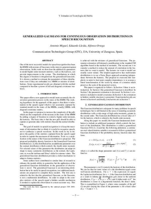 (PDF) Generalized Gaussians for Continuous Observation Distributions in Speech Recognition