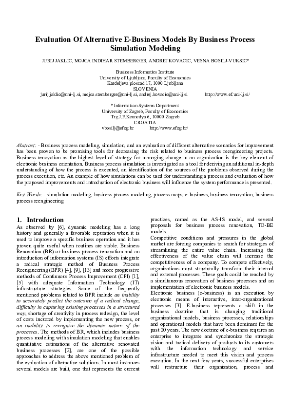 (PDF) Evaluation Of Alternative E-Business Models By Business Process Simulation Modeling