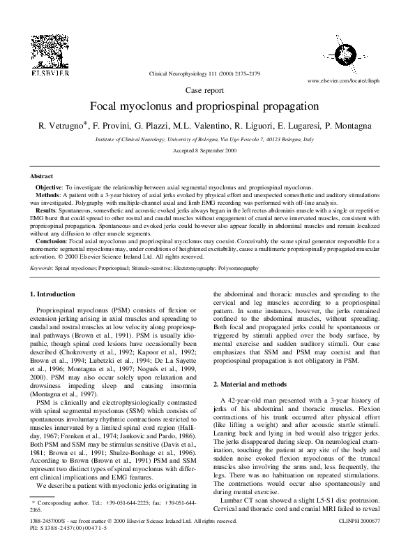 (PDF) Focal myoclonus and propriospinal propagation