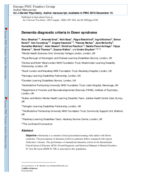 (PDF) Dementia diagnostic criteria in Down syndrome (PDF) Dementia diagnostic criteria in Down syndrome