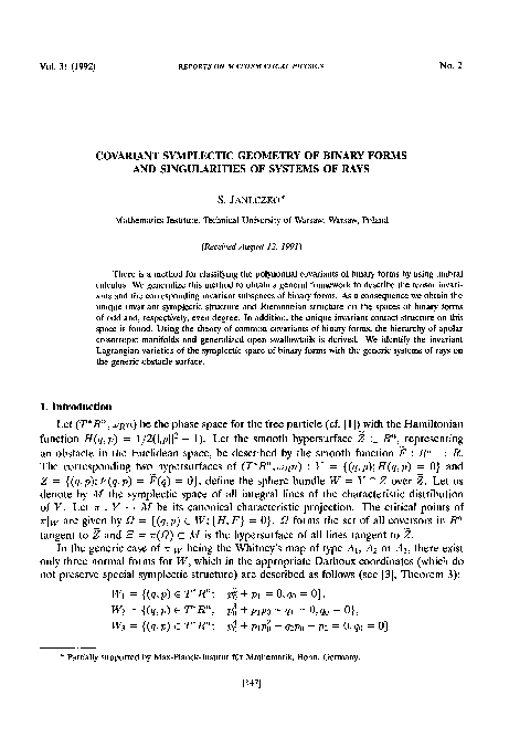 (PDF) Covariant symplectic geometry of binary forms and singularities ...
