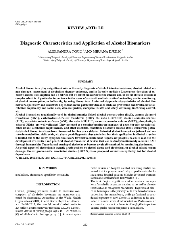 (PDF) Diagnostic characteristics and application of alcohol biomarkers