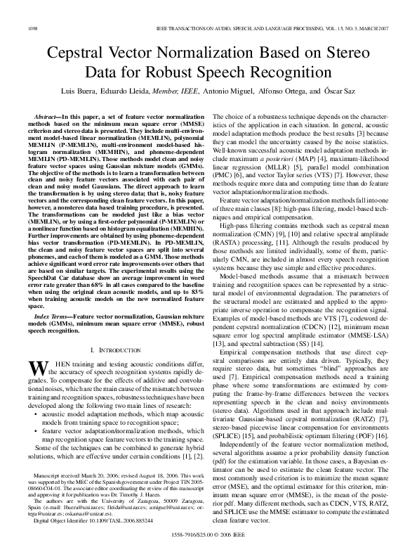 (PDF) Cepstral Vector Normalization Based on Stereo Data for Robust Speech Recognition