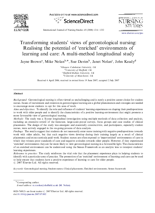 (PDF) Transforming students' views of gerontological nursing: Realising the potential of ...
