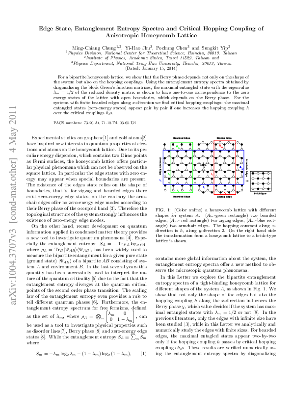 (PDF) Edge states, entanglement entropy spectra and critical hopping ...