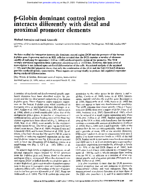 (PDF) Beta-Globin Dominant Control Region Interacts Differently with ...