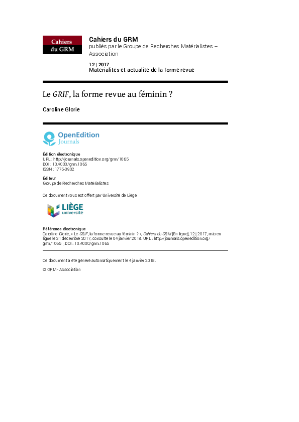 (PDF) Le GRIF, la forme revue au féminin