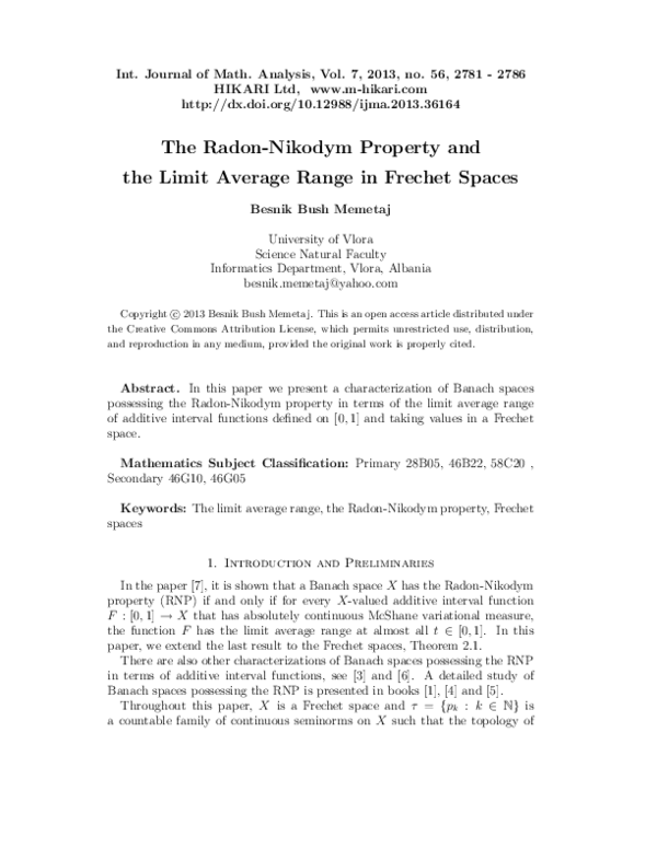 (PDF) Radon-Nikodym Property and Limit Average Range in Frechet Spaces