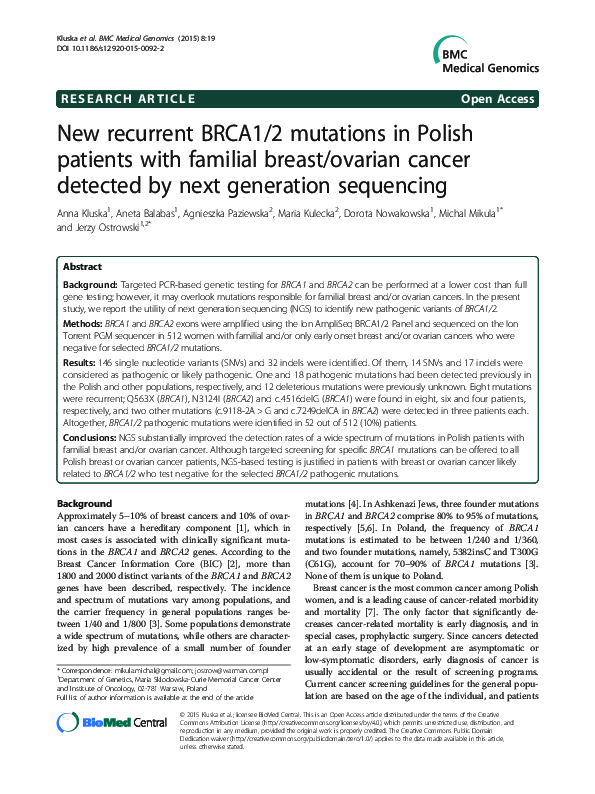 (PDF) New recurrent BRCA1/2 mutations in Polish patients with familial breast/ovarian cancer ...