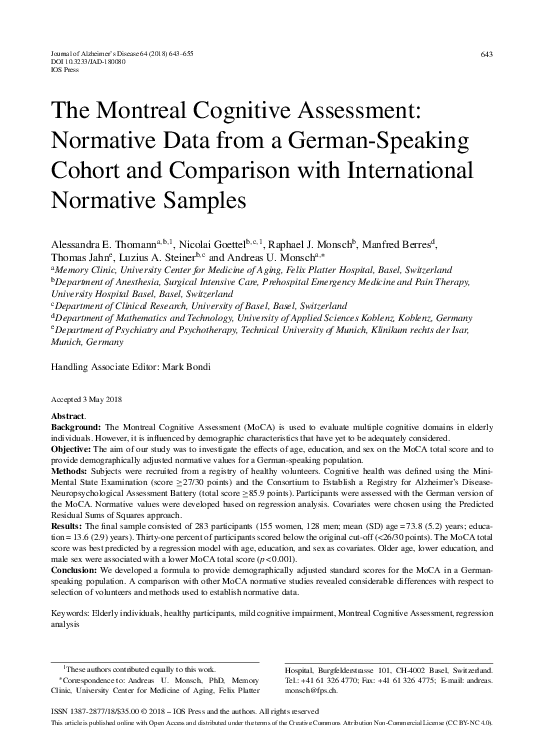 (PDF) The Montreal Cognitive Assessment: Normative Data from a German ...