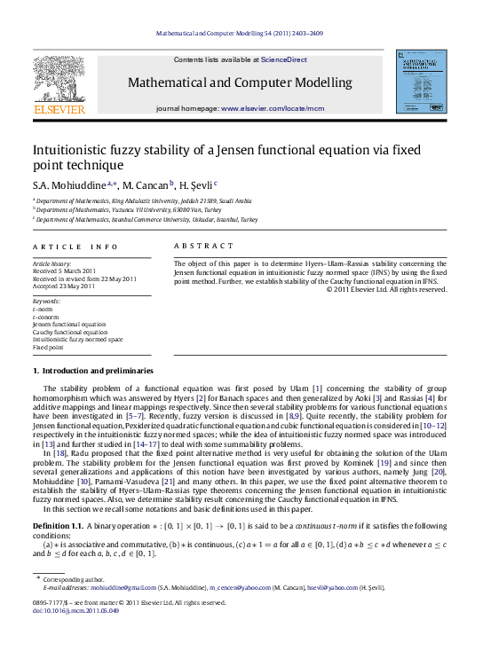 (PDF) Intuitionistic fuzzy stability of a Jensen functional equation via fixed point technique ...