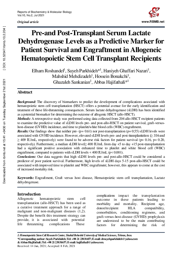 (PDF) Pre-and Post-Transplant Serum Lactate Dehydrogenase Levels as a ...