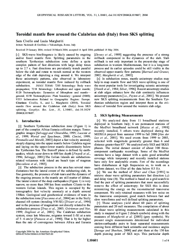 (PDF) Toroidal mantle flow around the Calabrian slab (Italy) from SKS ...
