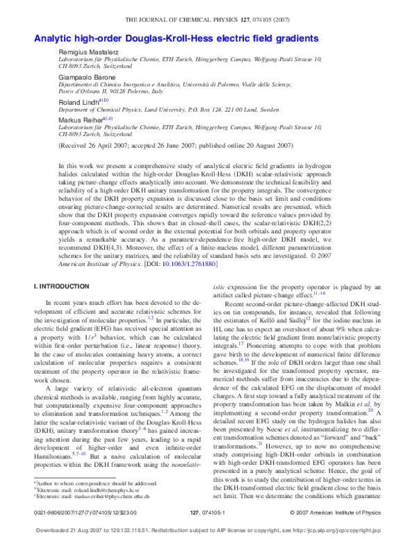 (PDF) Analytic high-order Douglas-Kroll-Hess electric field gradients