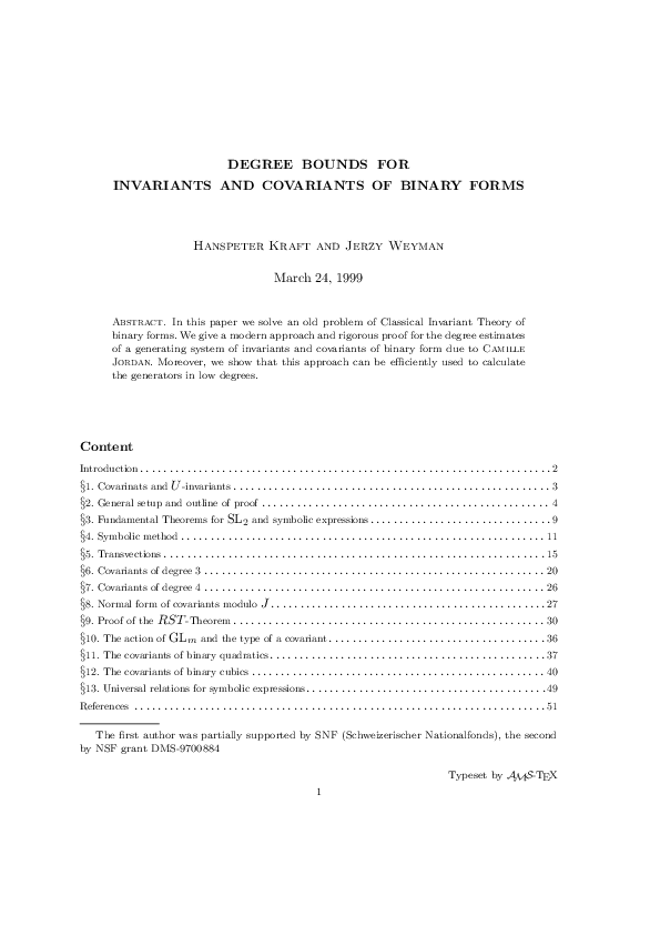 (PDF) Degree bounds for invariants and covariants of binary forms
