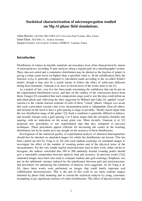 (PDF) Statistical characterization of microsegregation studied on Mg-Al phase field simulations ...