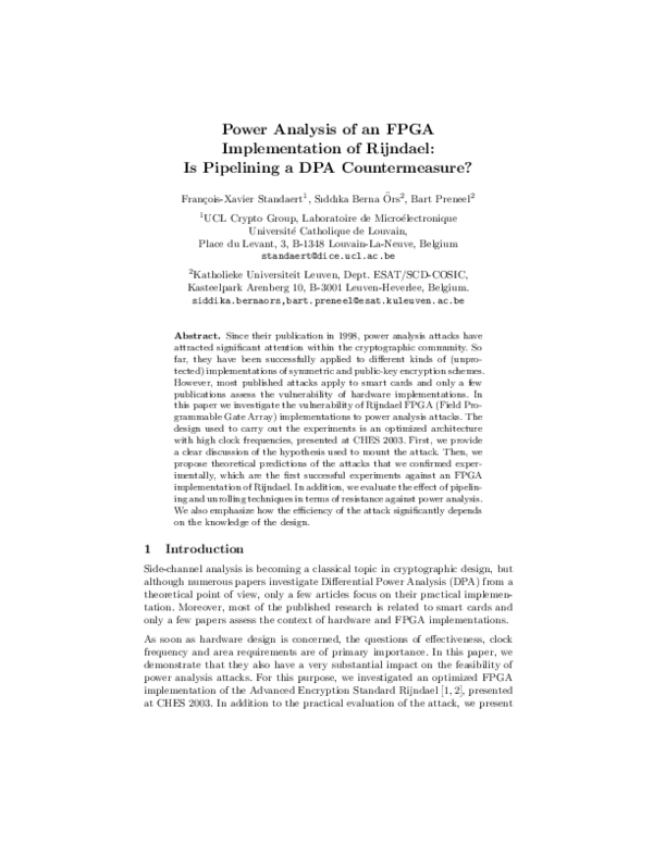 Pdf Power Analysis Of An Fpga Implementation Of Rijndael Is Pipelining A Dpa Countermeasure