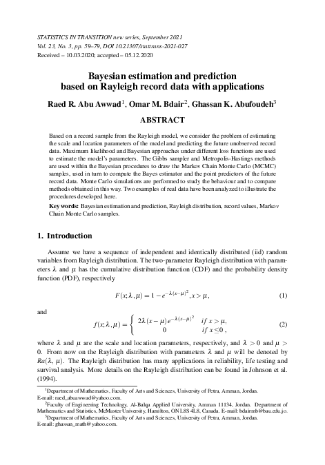(PDF) Bayesian estimation and prediction based on Rayleigh record data with applications