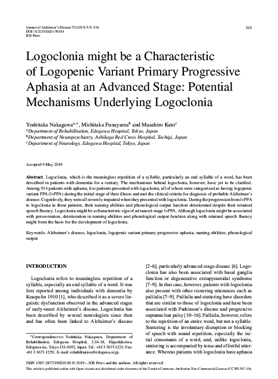 (PDF) Logoclonia Might BE a Characteristic of Logopenic Variant Primary ...