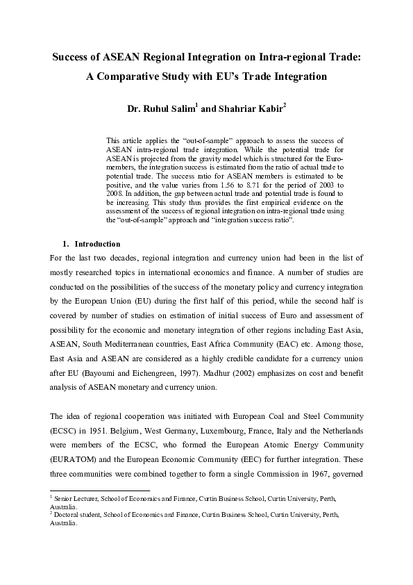 (PDF) Success of ASEAN Regional Integration on Intra-Regional Trade: A ...