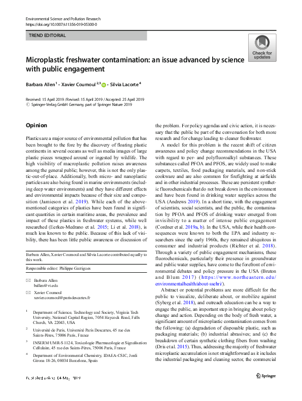 (PDF) Microplastic freshwater contamination: an issue advanced by science with public engagement