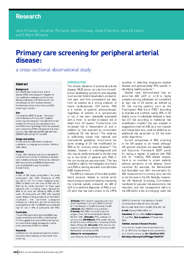 (PDF) Primary care screening for peripheral arterial disease: a cross ...